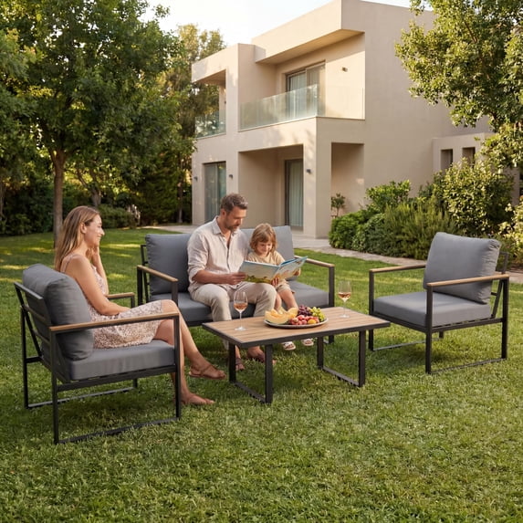 4-Piece Outdoor Patio Furniture Set, Iron Frame Conversation Sofa with ...