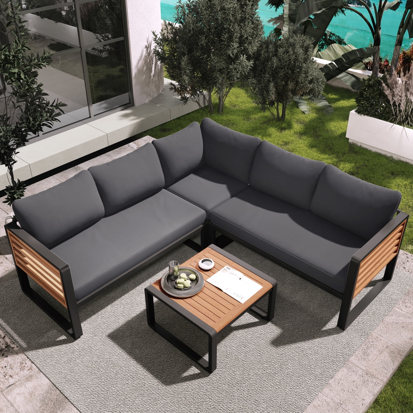4-Piece Outdoor Patio Furniture Set with L-Shaped Sectional Sofa ...