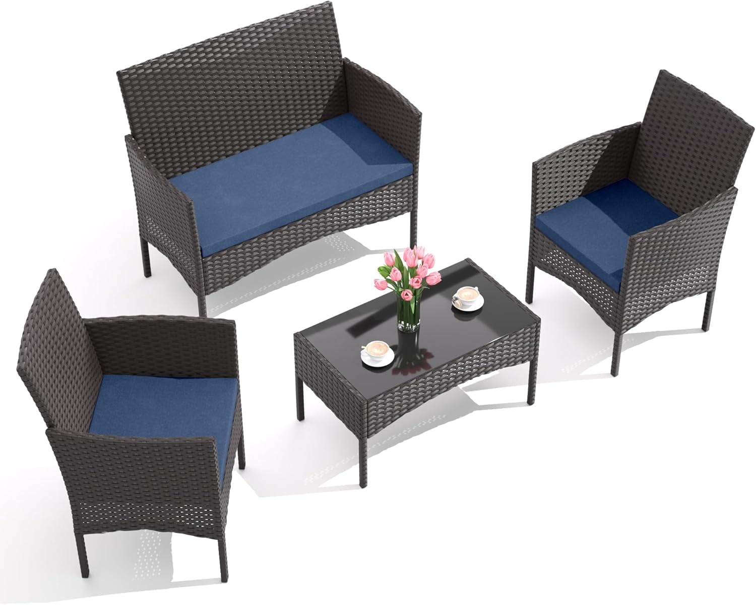 4-Piece Outdoor Patio Furniture Set, Wicker Rattan Chairs & Sofa with ...