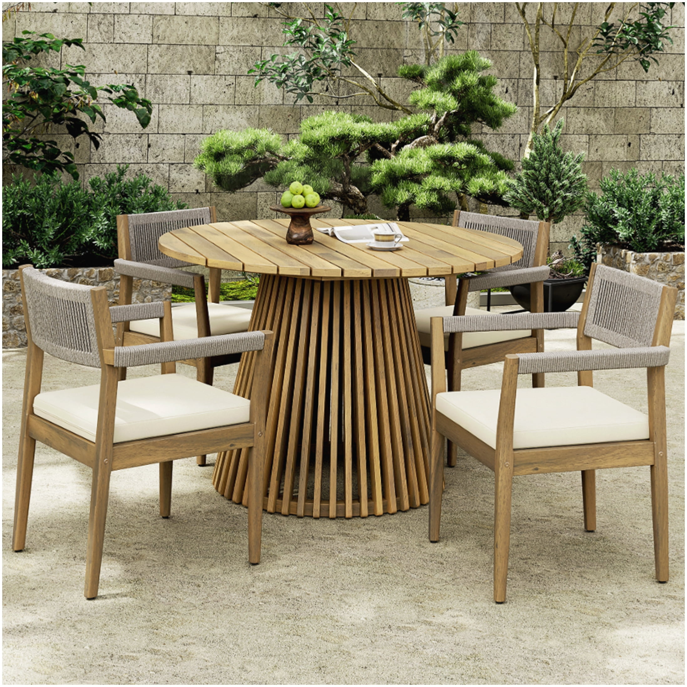 4-Piece Outdoor Patio Set with Acacia Wood Table and Rope Chairs, Beige ...