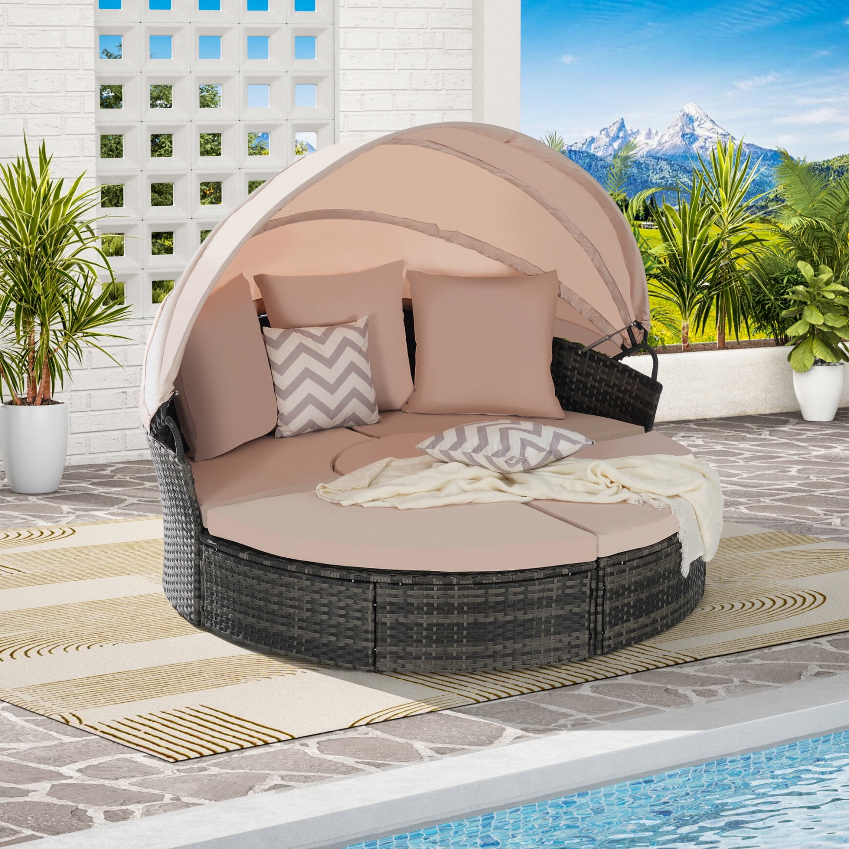 4-Piece Outdoor Rattan Daybed Set with Retractable Canopy, Adjustable ...
