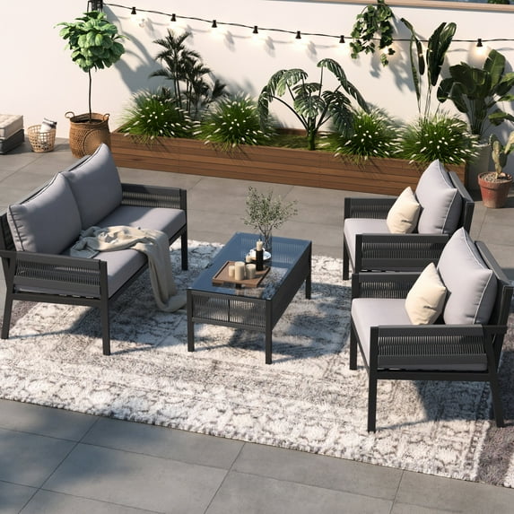 4-Piece Outdoor Sofa Set / Metal Frame and Tempered Glass Table, Easy ...
