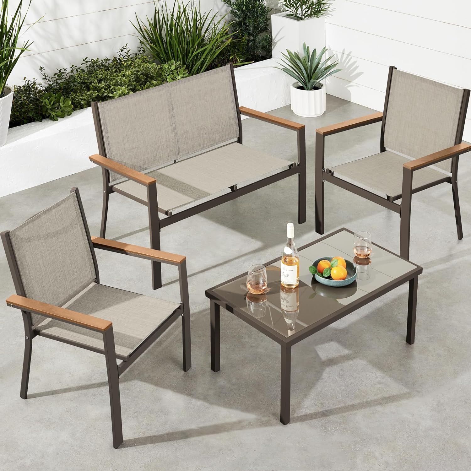4-Piece Outdoor Textilene Patio Conversation Set, Backyard Furniture w ...
