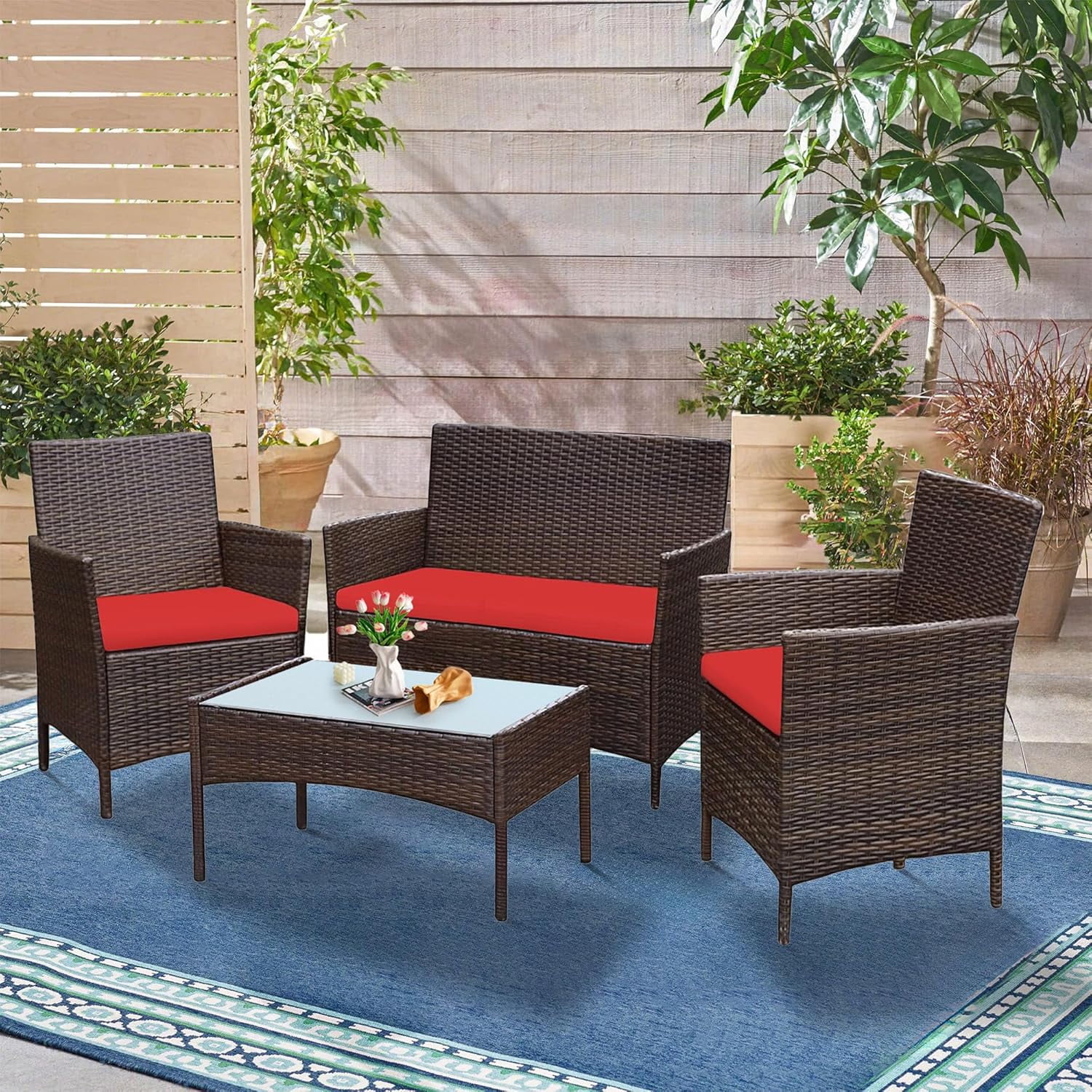 4-Piece Outdoor Wicker Patio Conversation Furniture Set, Rattan Chair ...