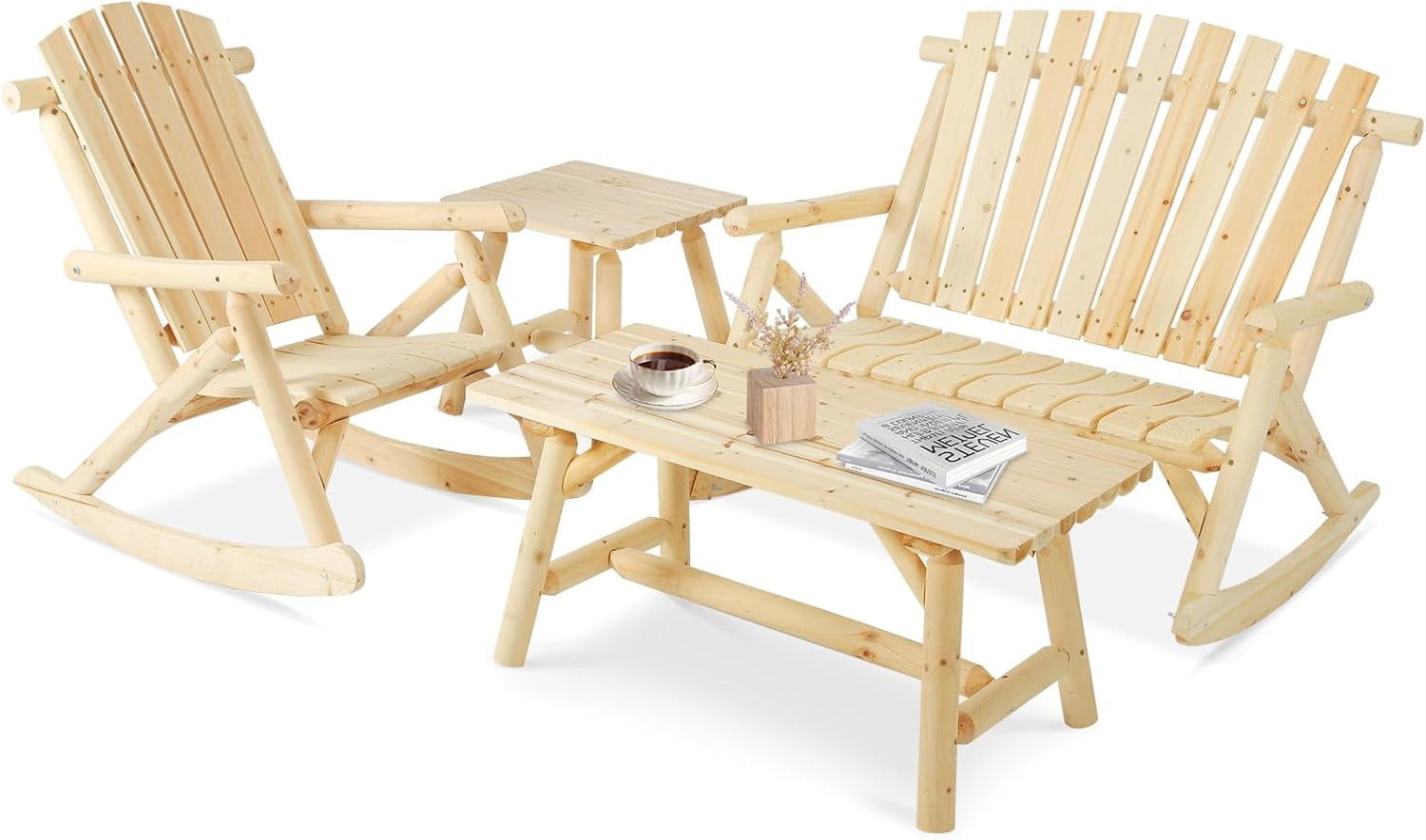 4-Piece Outdoor Wood Rocking Bistro Set, Adirondack Rocker Chair Set ...