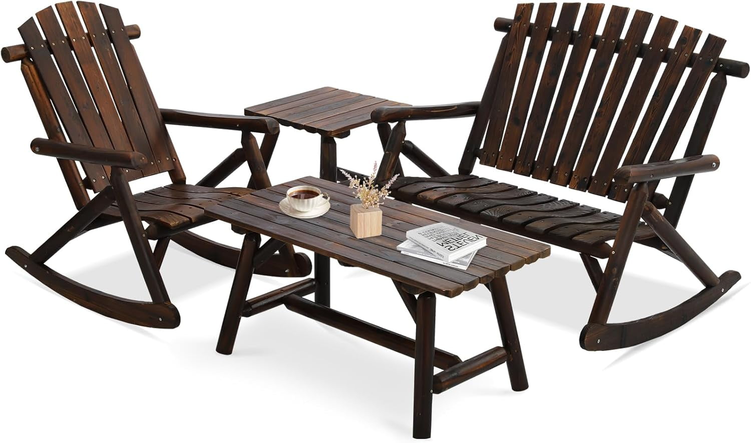 4-Piece Outdoor Wood Rocking Bistro Set, Adirondack Rocker Chair Set ...