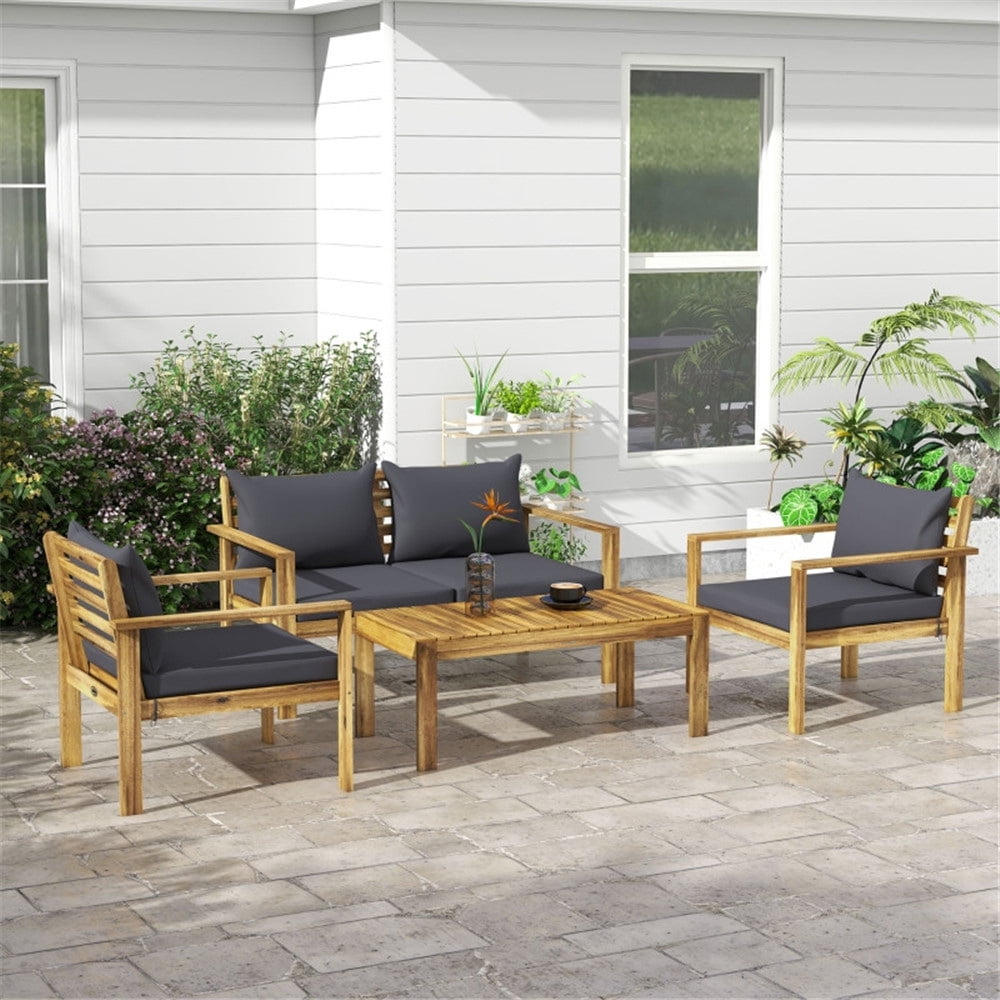 4 Piece Outdoor Wood Sofa Set with Water Resistant Cushions, Padded ...
