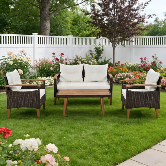 4-Piece PE Rattan Outdoor Sofa Set, Patio Garden Seating Set with Wood ...