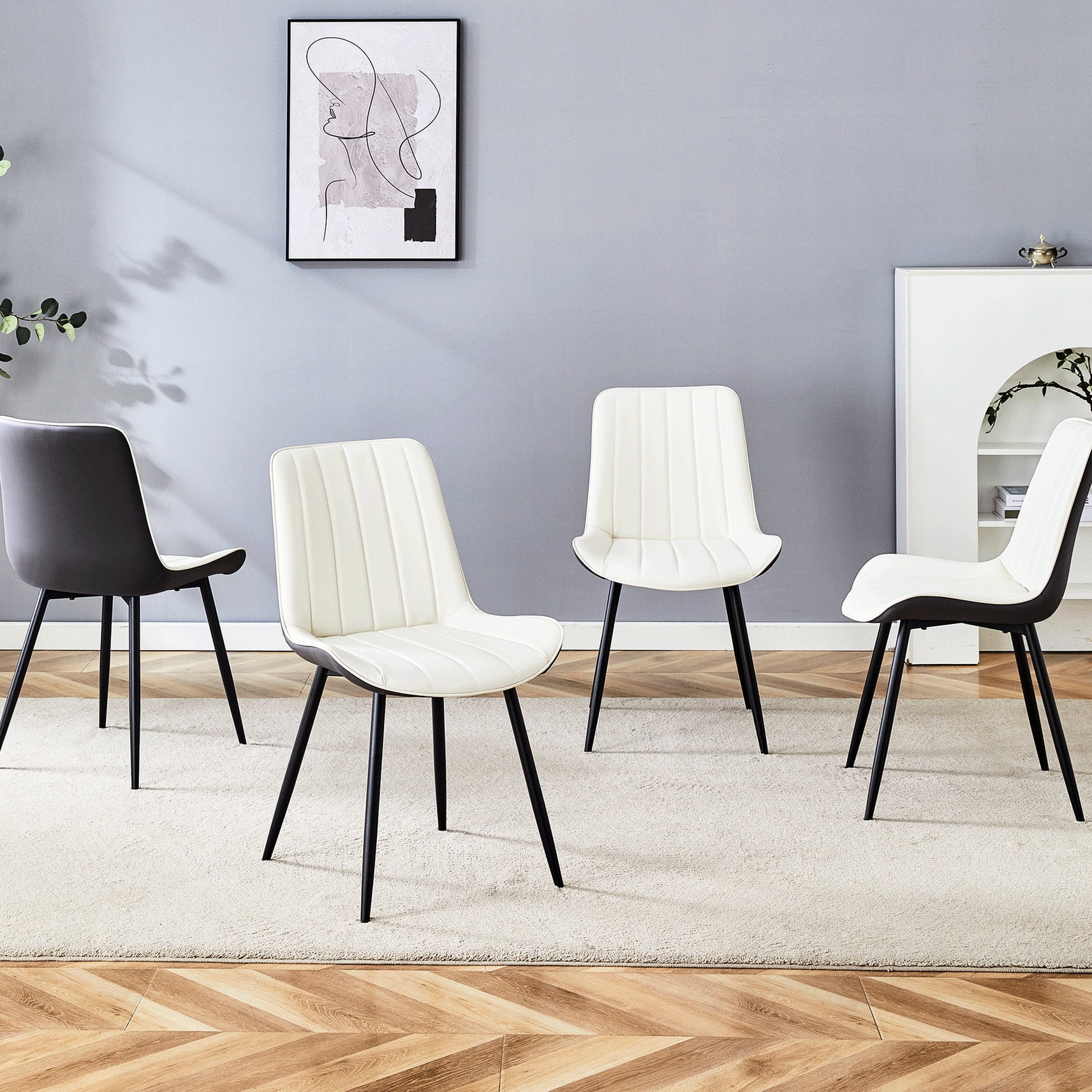 4-Piece PU Dining Chair Set, Dark Gray Main Color | Smooth Line Design ...