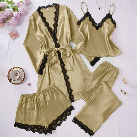 4 Piece Pajama Set for Women Lace Trim Nightgown Sleepwear Robes Pants ...