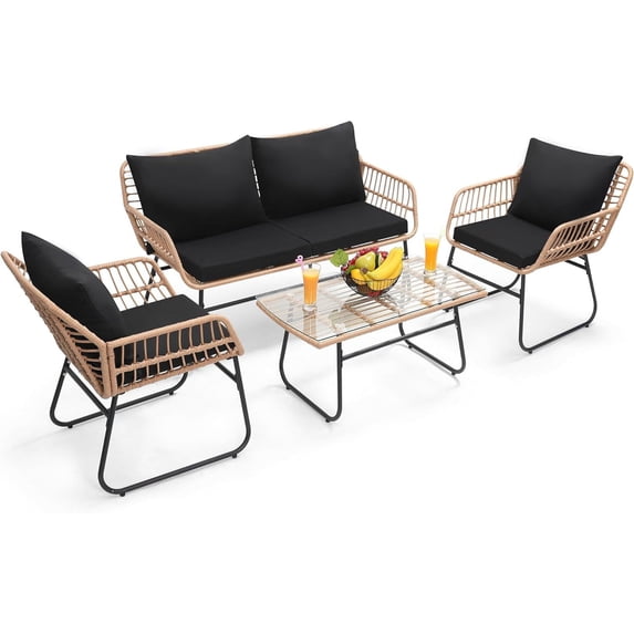 4 Piece Patio Bistro Outdoor Furniture Set, Wicker Sofa, 2 Rattan ...