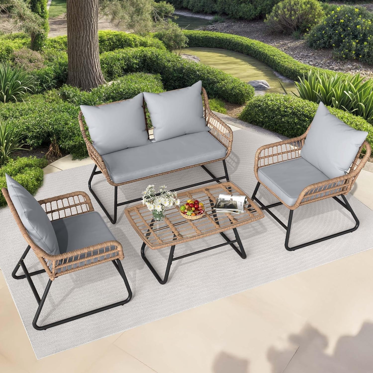 4 Piece Patio Bistro Outdoor Furniture Set, Wicker Sofa, 2 Rattan ...