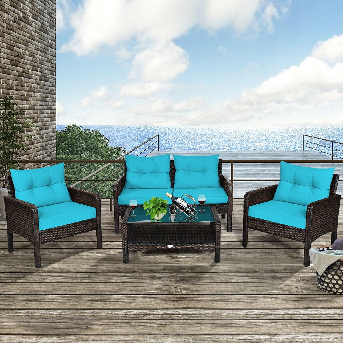 4-Piece Patio Conversation Sofa Set Outdoor Rattan Furniture Set with ...