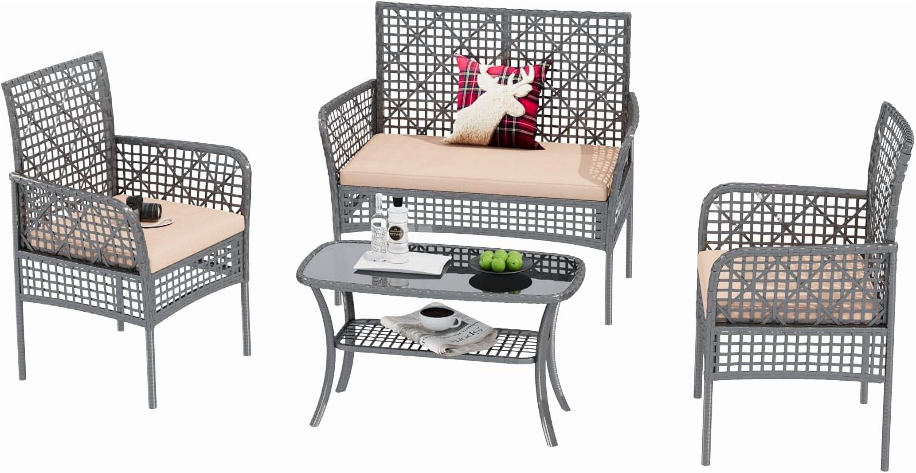 4-Piece Patio Furniture Set, Weather-Resistant Rattan Patio Conversation Set with Two-Tier ...
