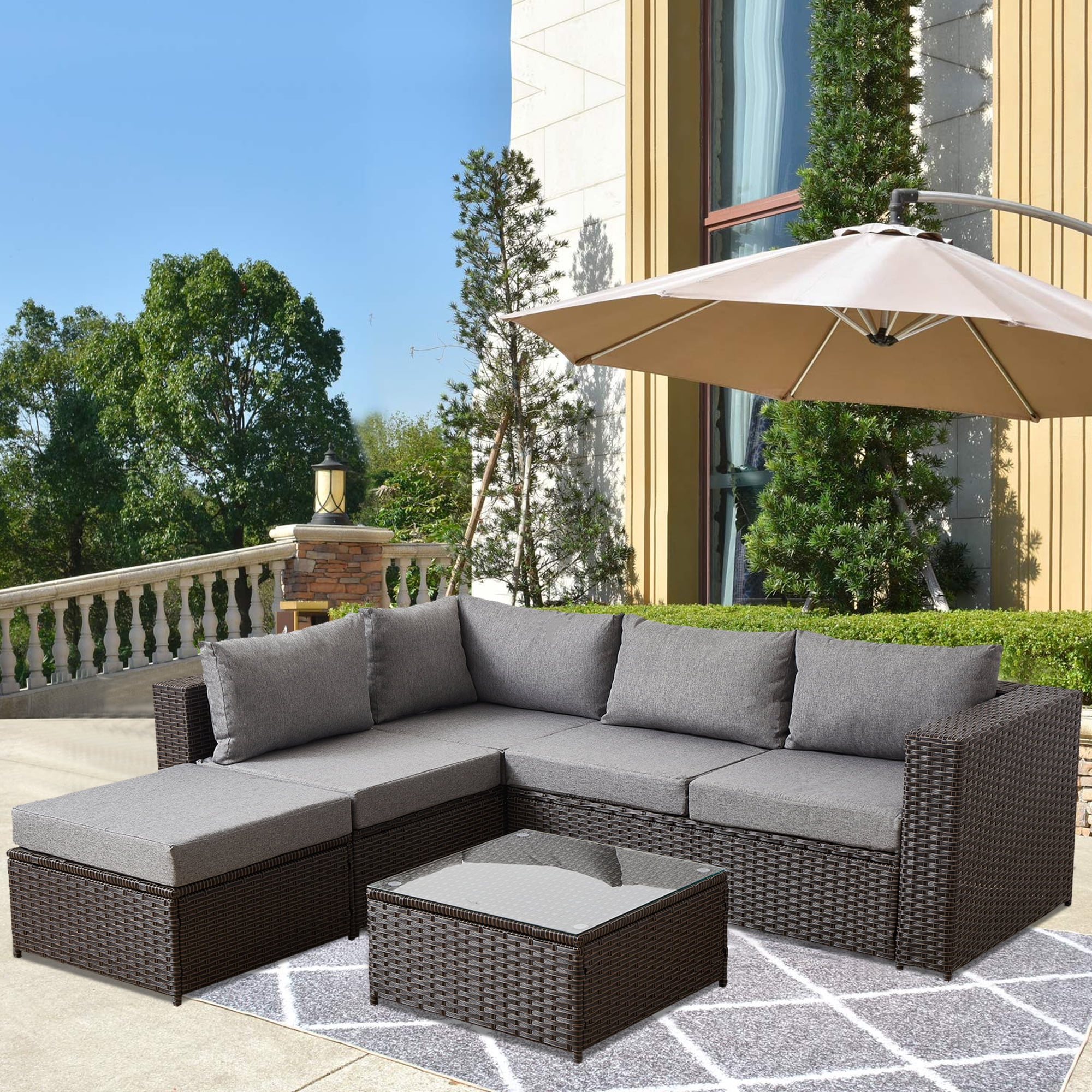 4 Piece Patio Furniture Sets, All-Weather Black PE Wicker Outdoor Couch ...