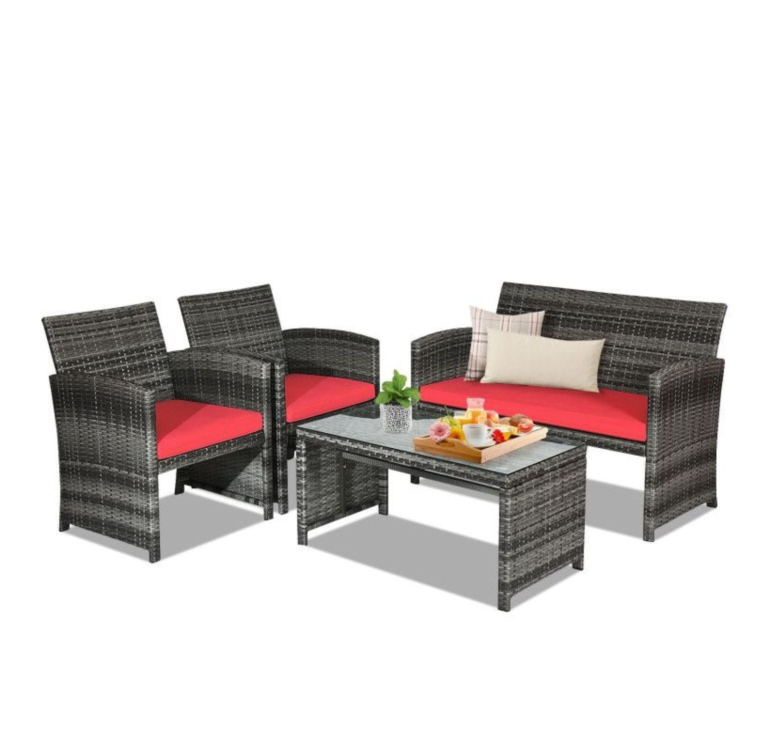 4 Piece Patio Rattan Furniture Set Outdoor Loveseat Sofa with Glass ...
