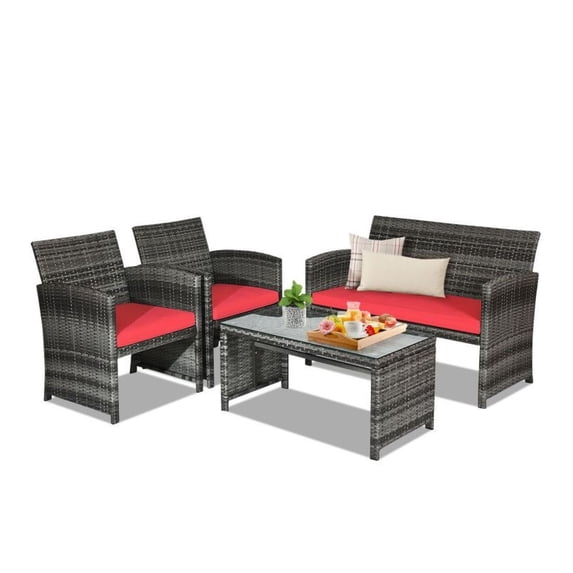 4 Piece Patio Rattan Furniture Set Outdoor Loveseat Sofa with Glass ...