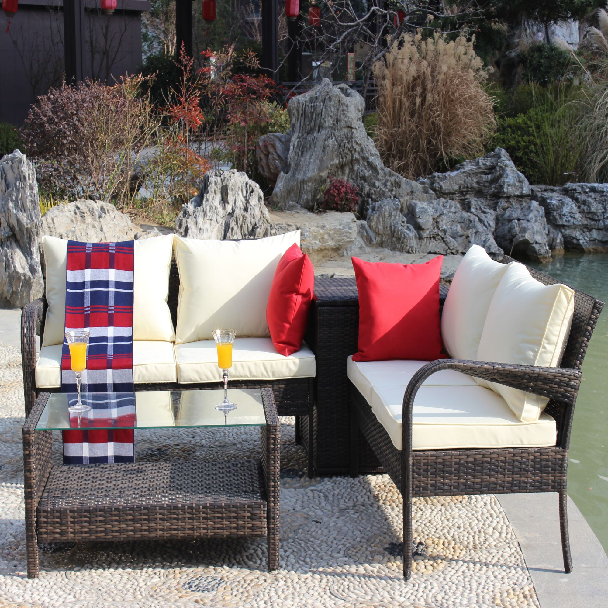 4-Piece Patio Sectional Wicker Rattan Outdoor Furniture Sofa Set with ...