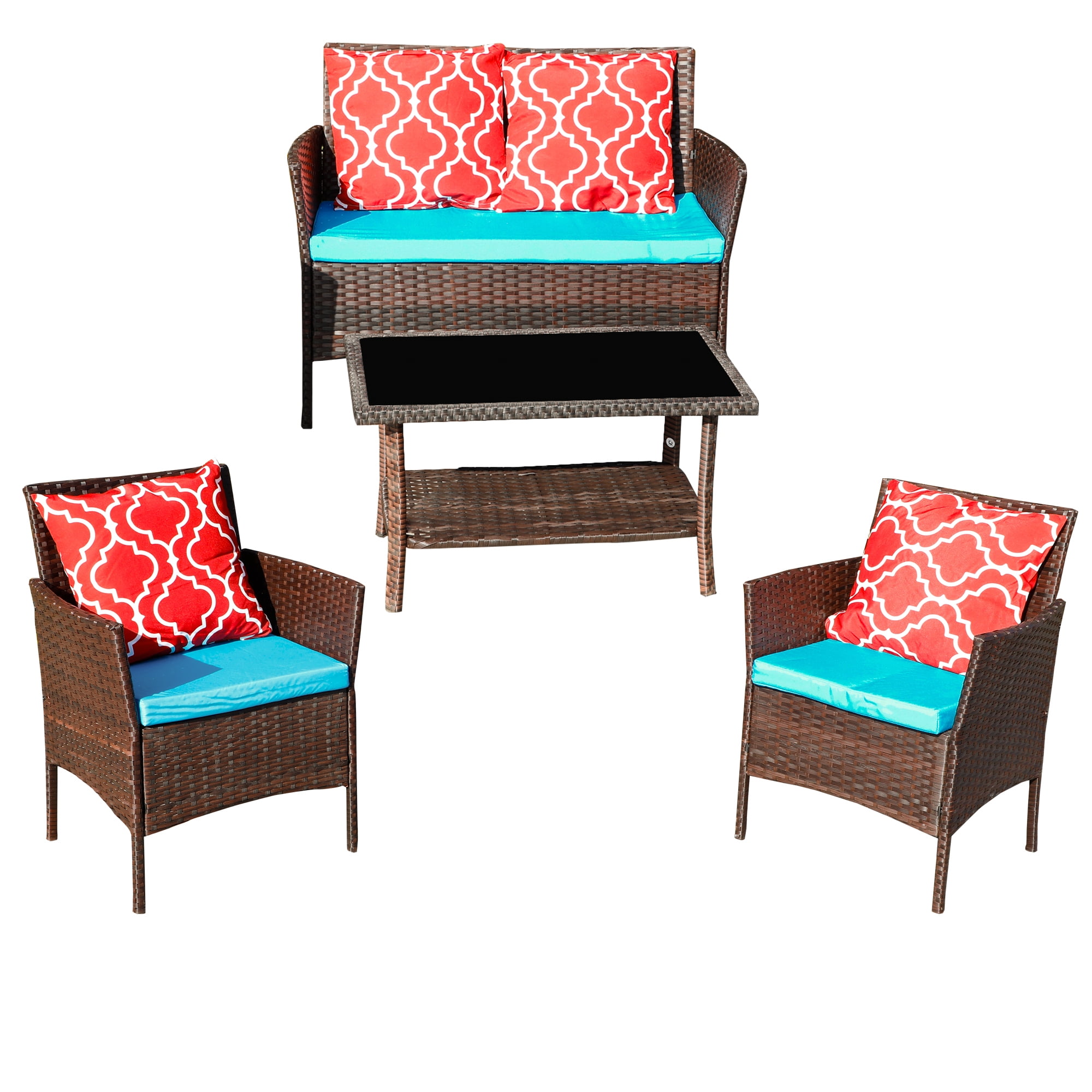 4 Piece Patio Set,Outdoor Conversation Set,PE Rattan Wicker Table and ...
