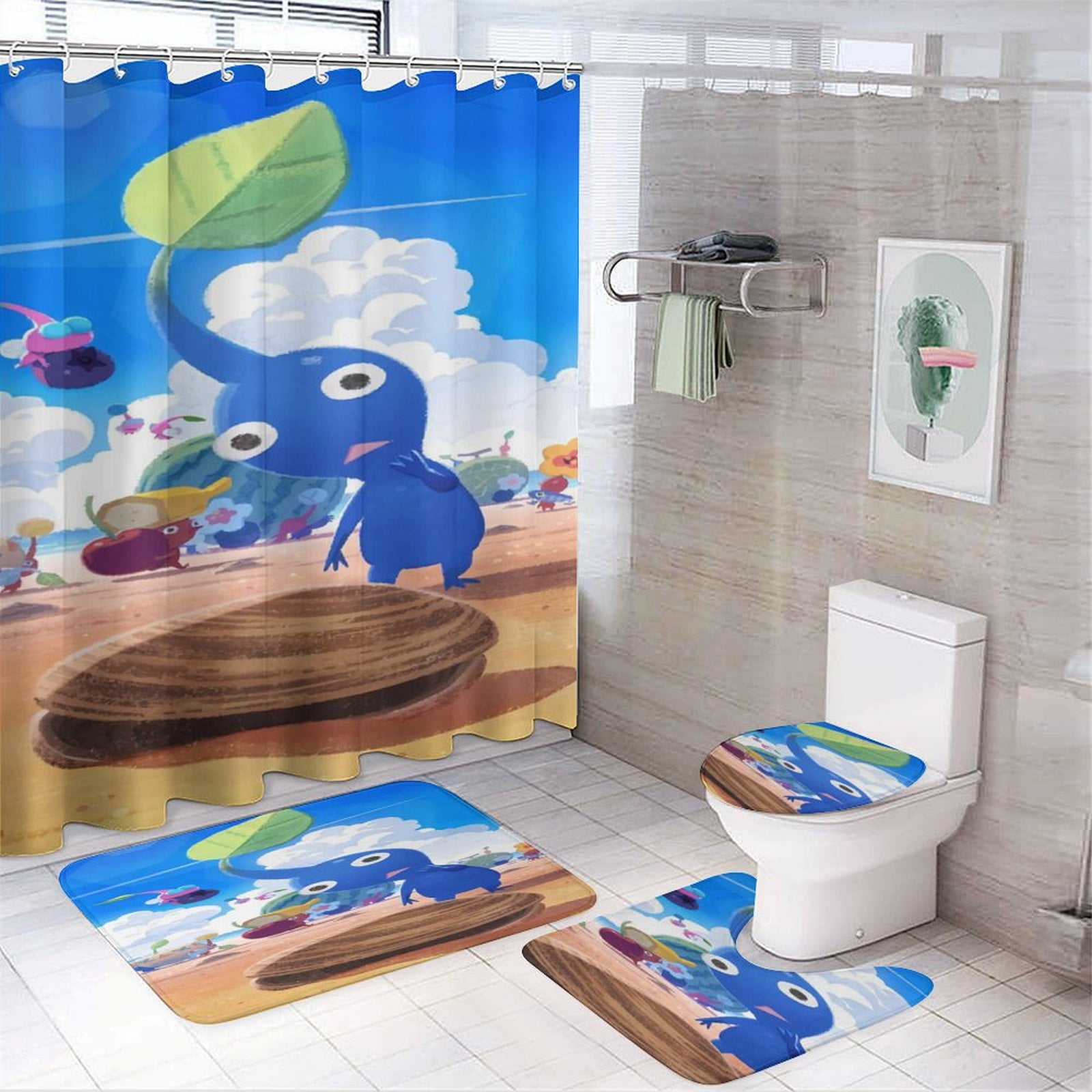 4 Piece Pikmin Shower Curtain Sets, with 12 Hooks Non-Slip Rugs Toilet ...