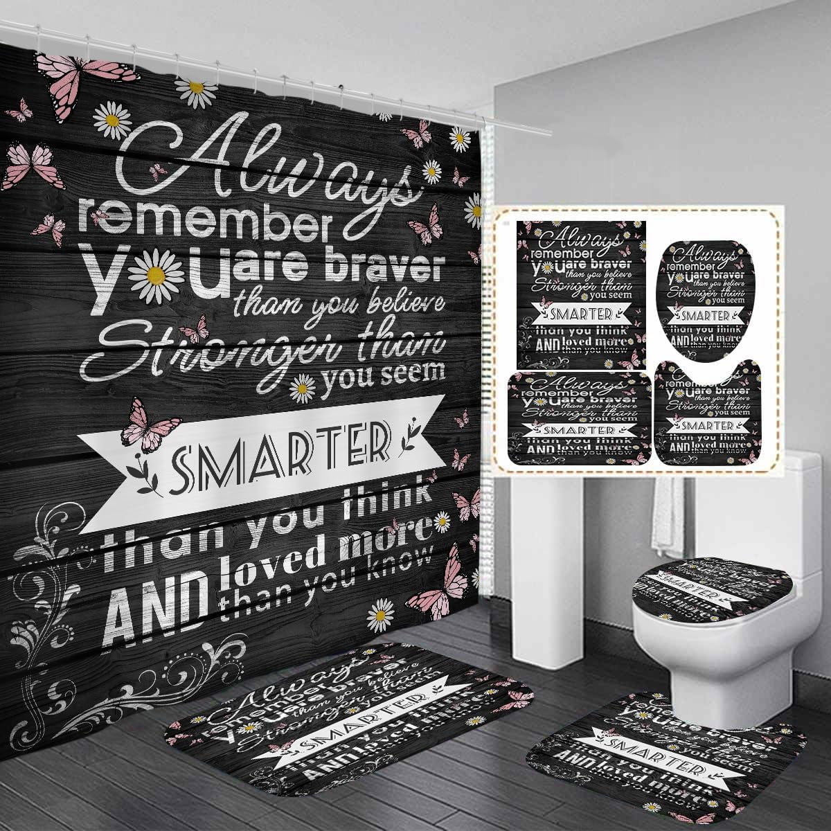 4 Piece Pink and Grey Shower Curtain Set Inspirational Quotes Girls ...