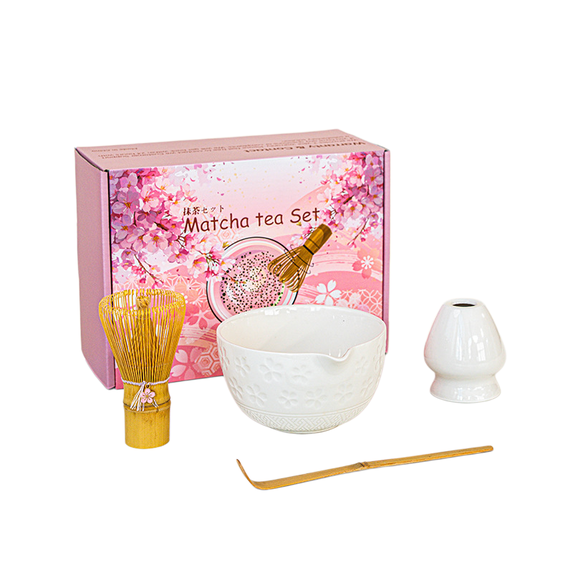 4-Piece Pink Matcha Tea Set Gift Kit with Ceramic Bowl, Bamboo Whisk ...