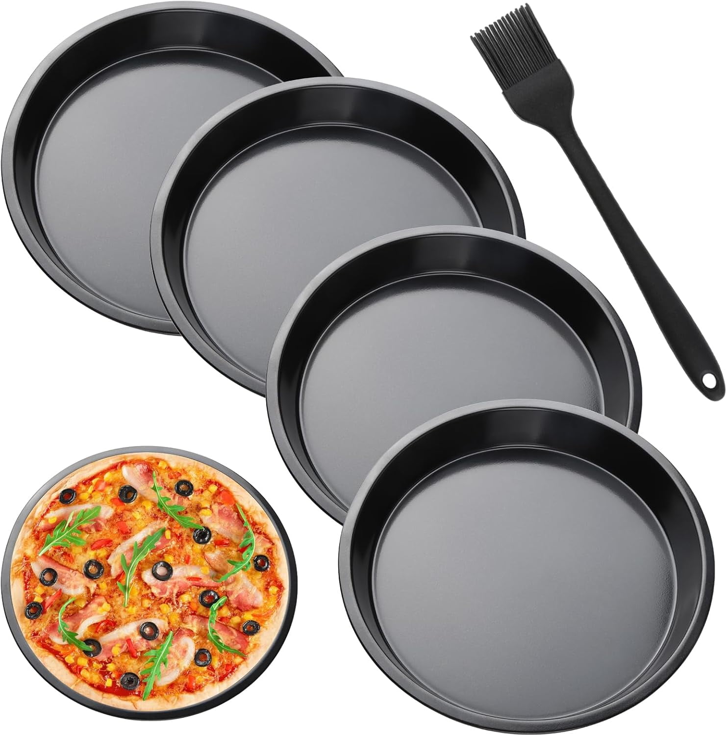 4-Piece Pizza Tray, Black Pizza Tray Round, Diameter 22 cm, Non-Stick ...