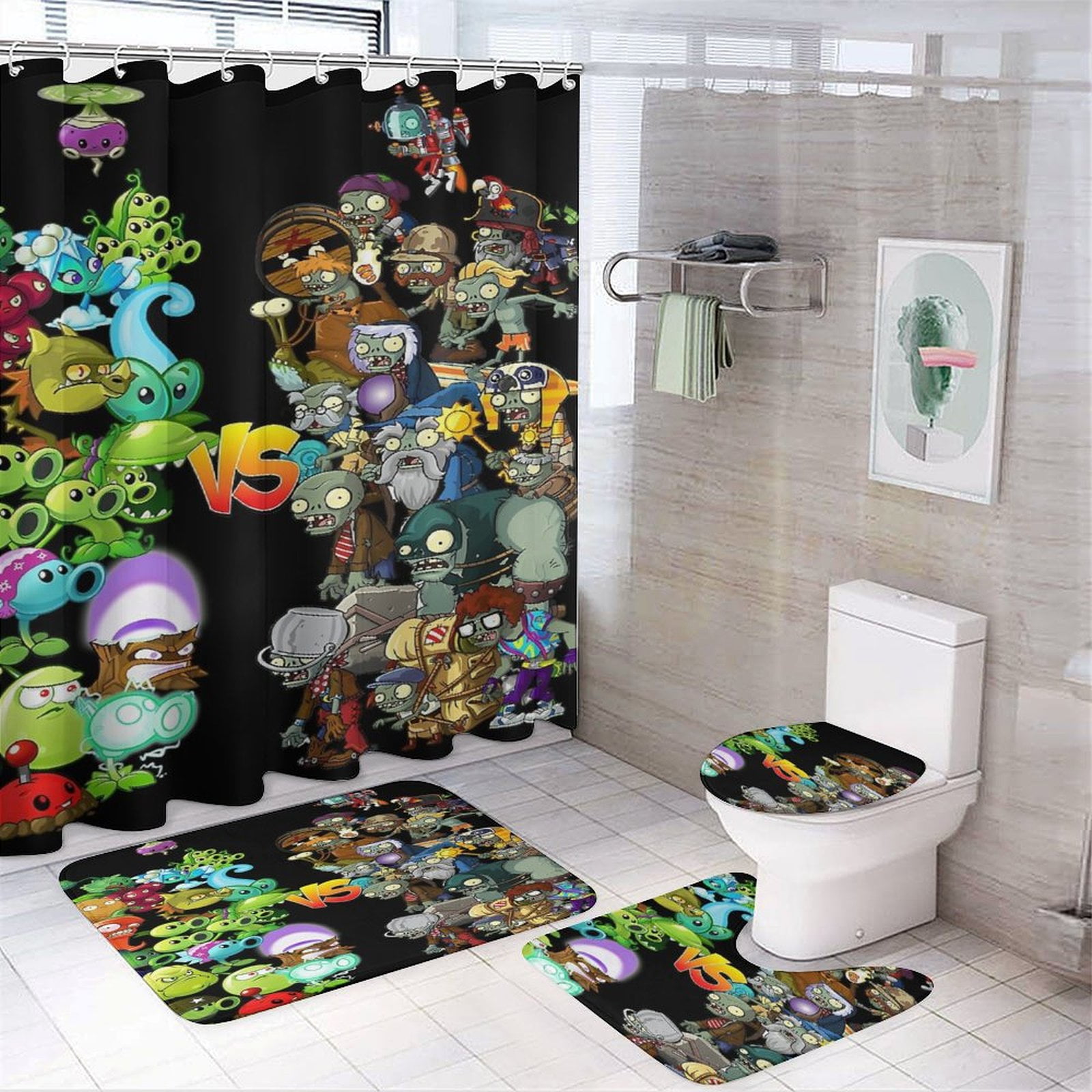 4 Piece Plants Vs Zombies Shower Curtain Sets, with 12 Hooks Non-Slip ...