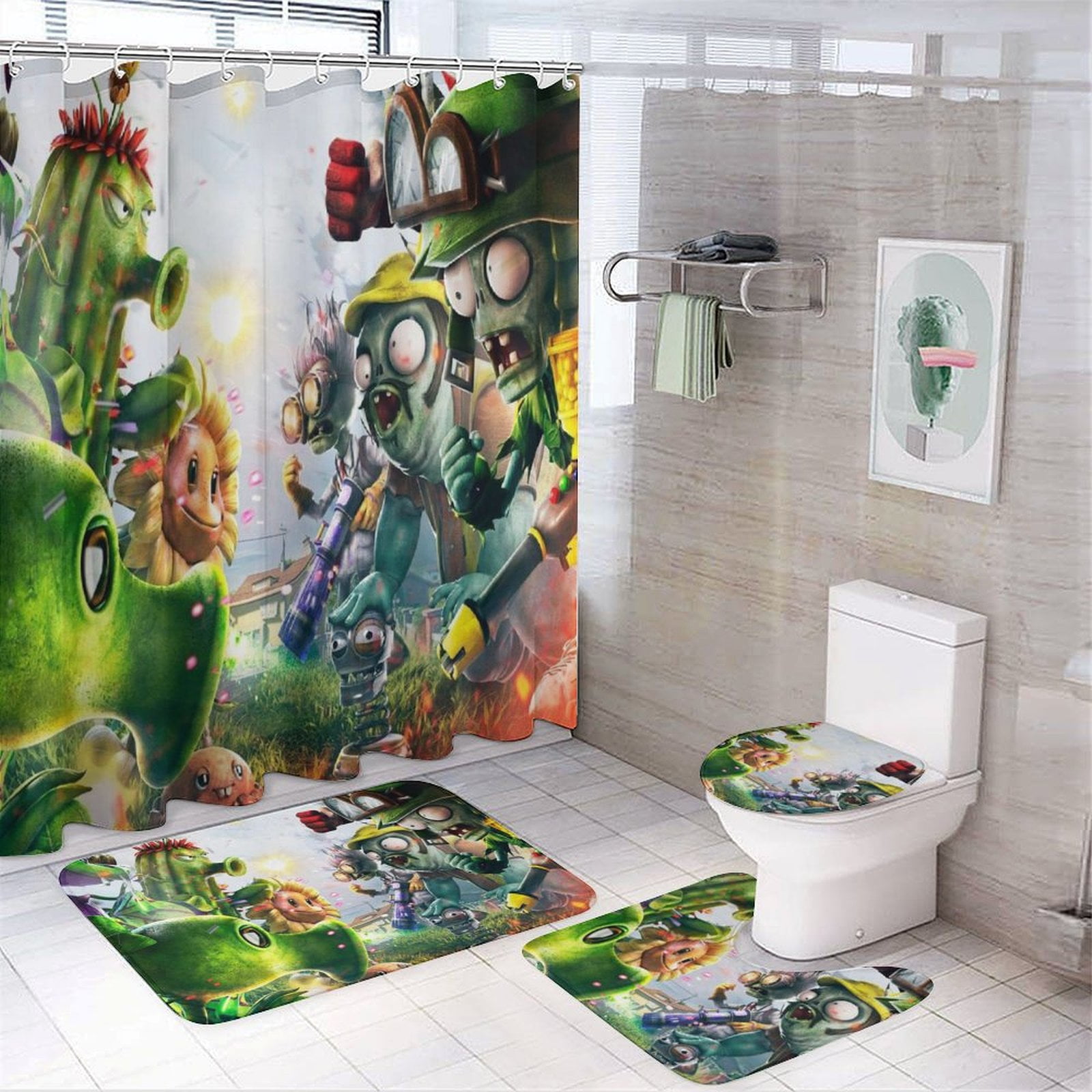 4 Piece Plants Vs Zombies Shower Curtain Sets, with 12 Hooks Non-Slip ...
