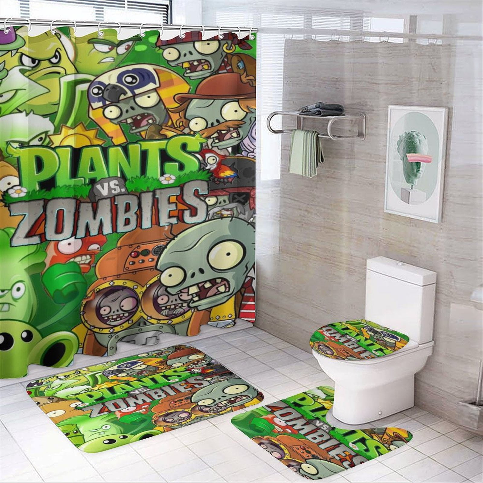 4 Piece Plants Vs Zombies Shower Curtain Sets, with 12 Hooks Non-Slip ...
