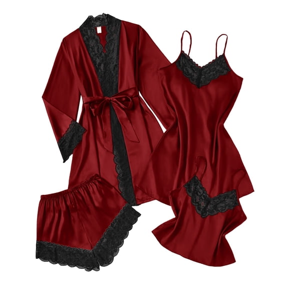 4 Piece Plus Size Women Satin Pajama Set Lace V-Neck Sleeveless ...