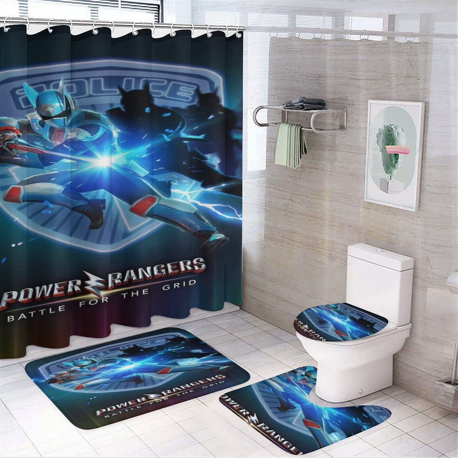 4 Piece Power Team Ran-,Ger2 Shower Curtain Sets with Rugs, Toilet Lid ...