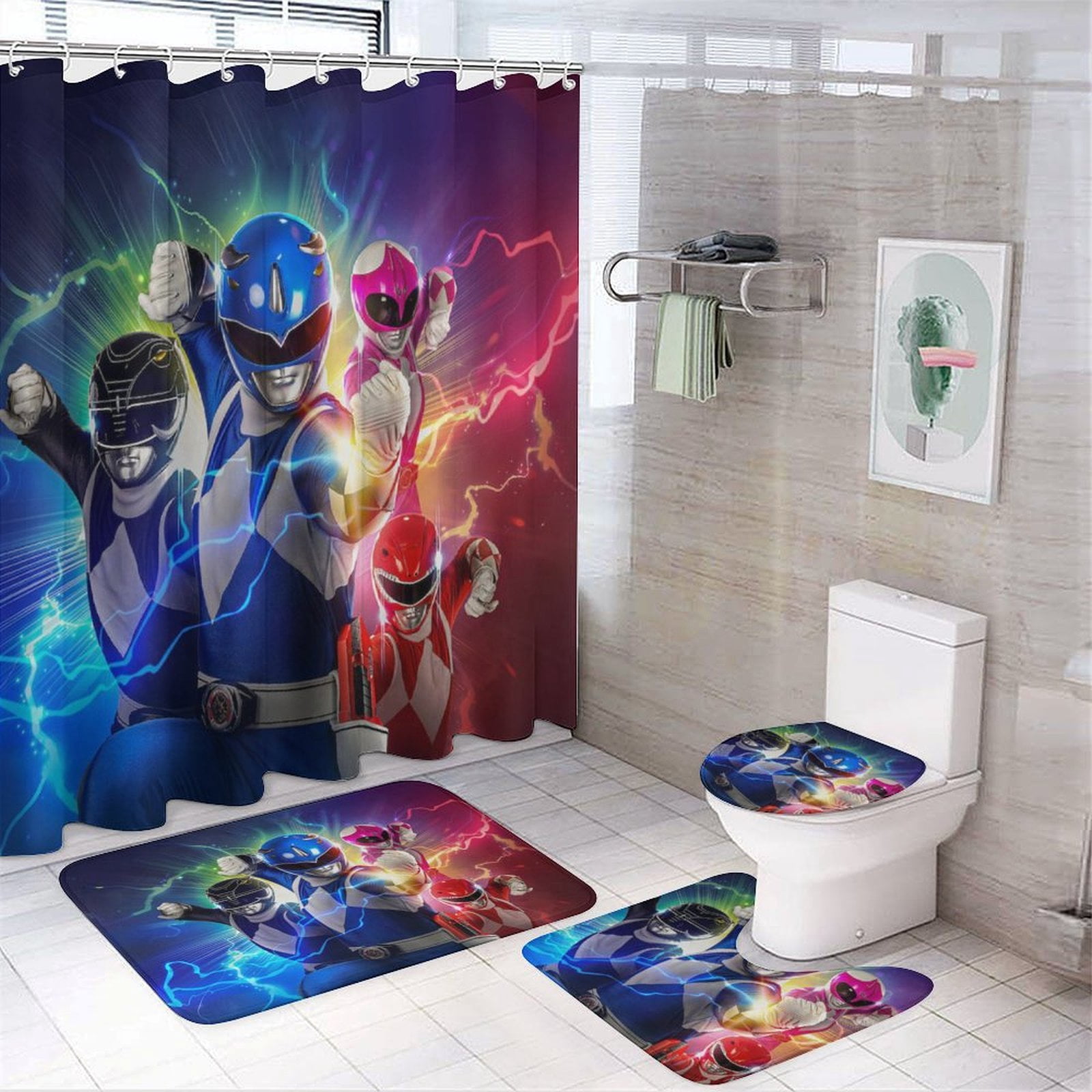4 Piece Power Team Ran-,Ger2 Shower Curtain Sets with Rugs, Toilet Lid ...
