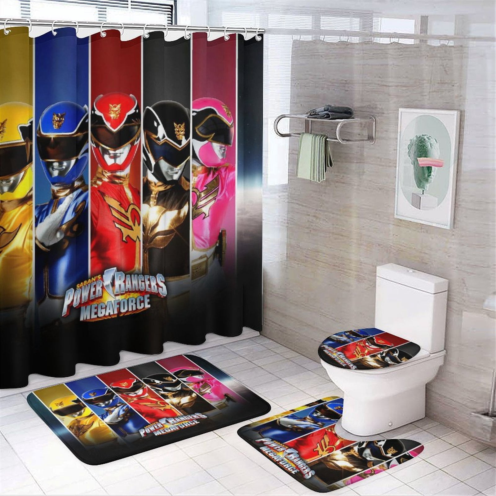 4 Piece Power Team Ran-,Ger2 Shower Curtain Sets with Rugs, Toilet Lid ...