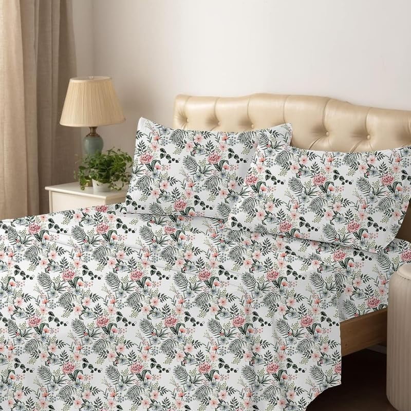 4 Piece Printed Twin Bed Sheets Set, Microfiber Sheets, Petal Dream Printed Sheet Set, Deep ...