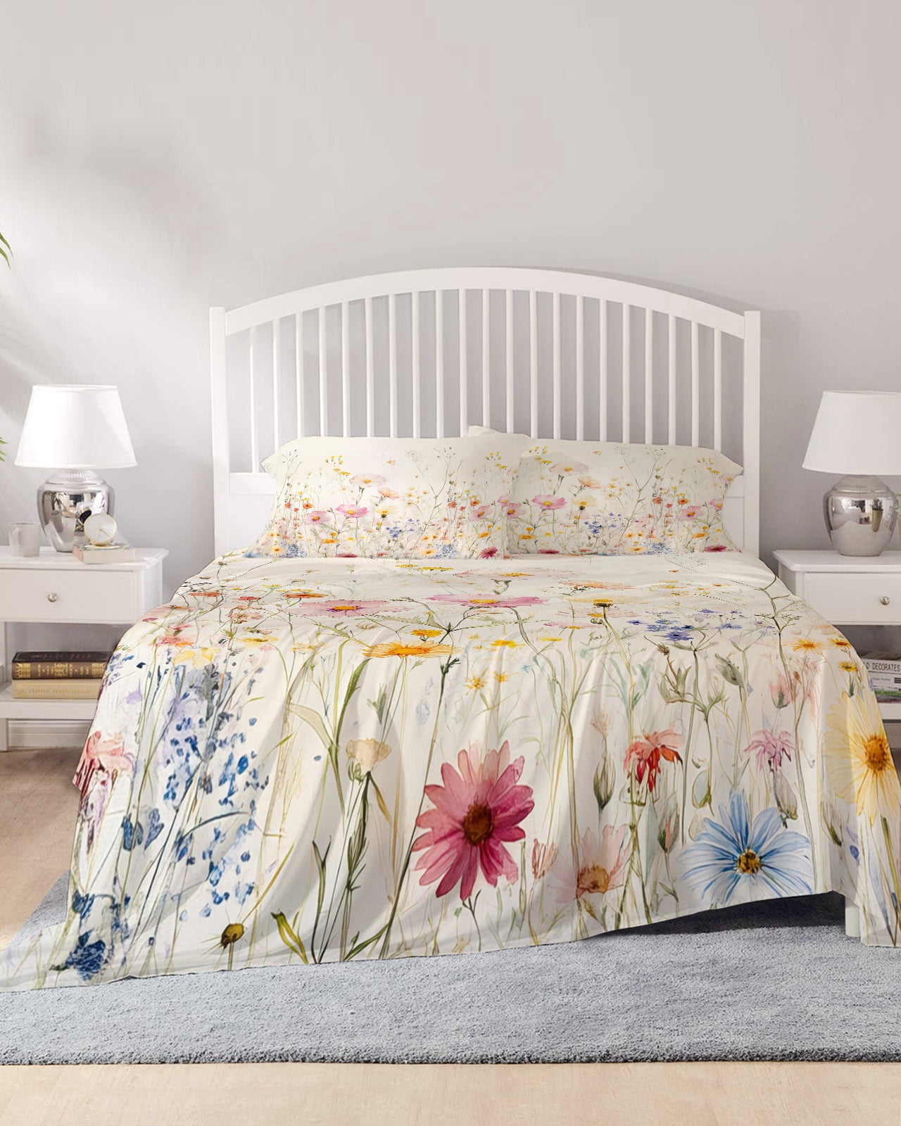 4 Piece Queen Sheet Set Beige Floral Spring Sheets Set for Queen Size ...
