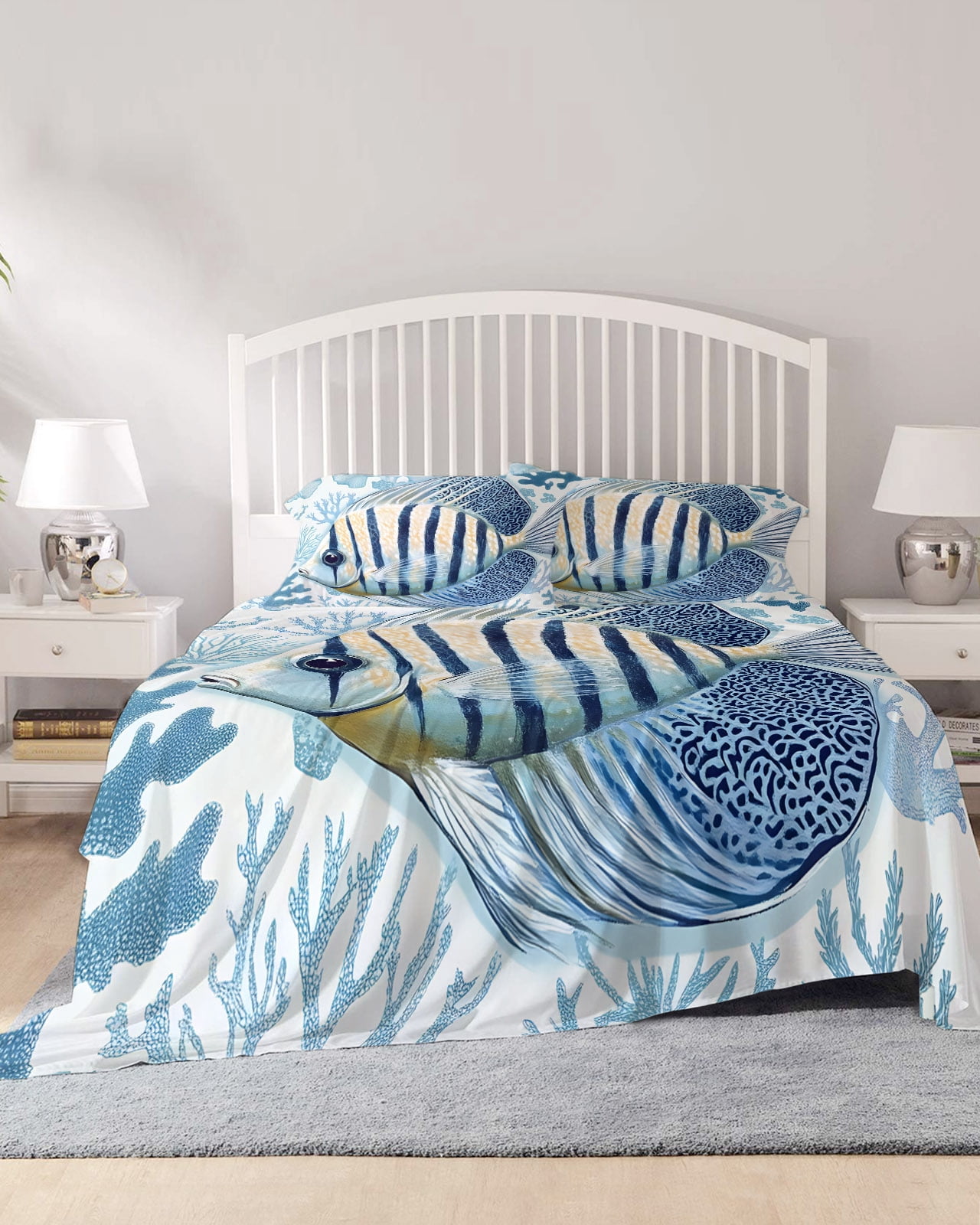 4 Piece Queen Sheet Set Blue Coastal Fish Sheets Set for Queen Size Bed ...