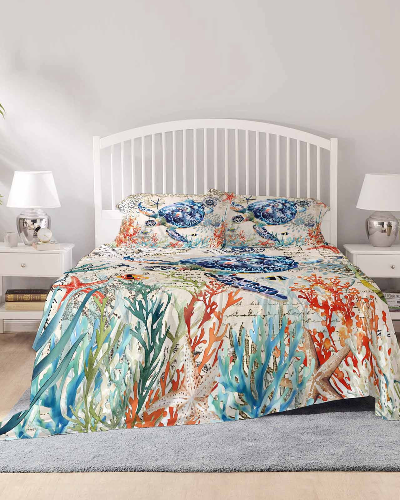 4 Piece Queen Sheet Set Coastal Sea Turtle Sheets Set for Queen Size ...