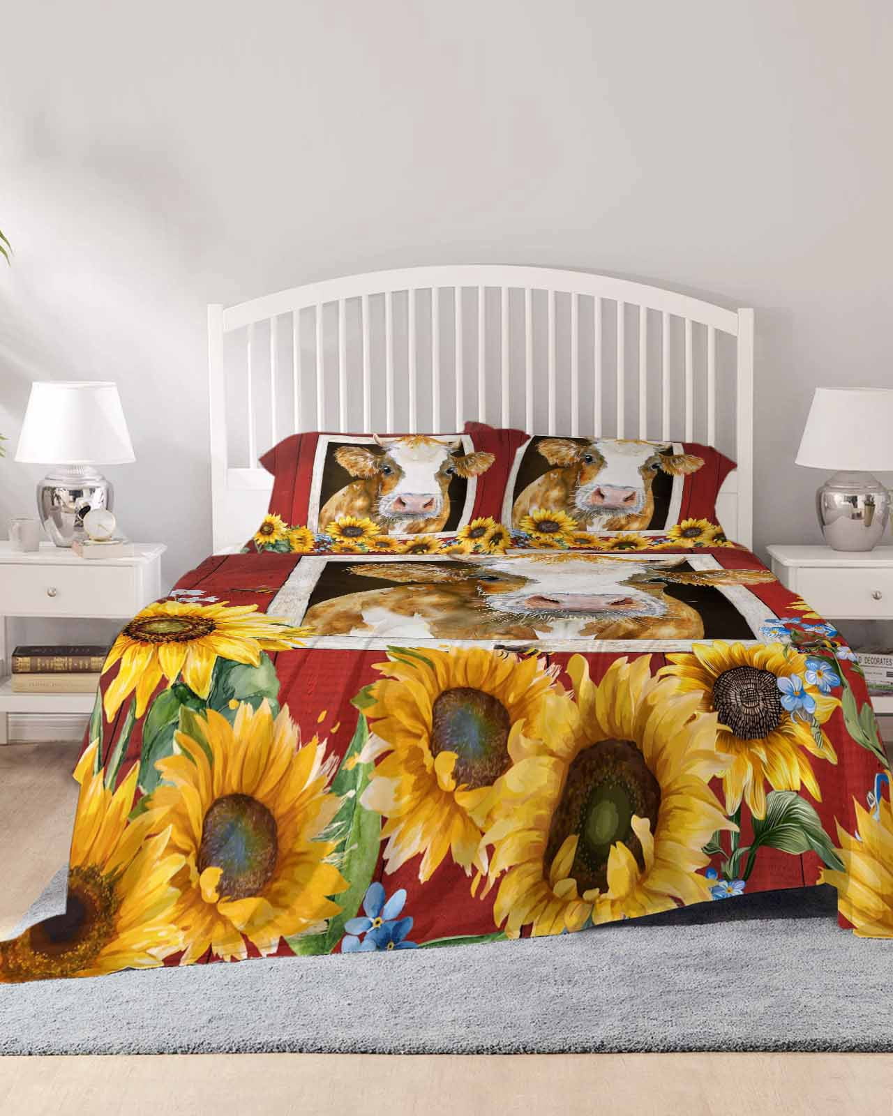 4 Piece Queen Sheet Set Cows Sunflowers Sheets Set for Queen Size Bed ...