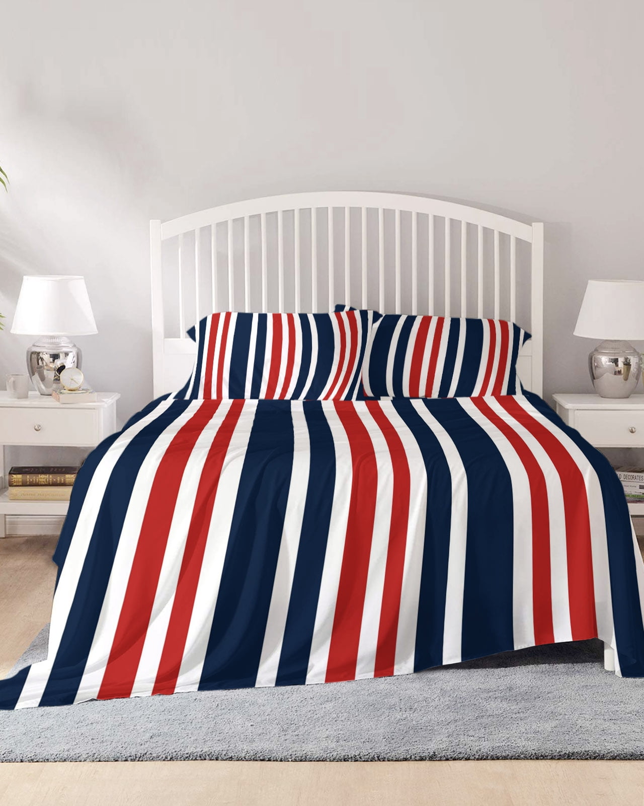 4 Piece Queen Sheet Set Navy Blue Red Striped Sheets Set for Queen Size ...