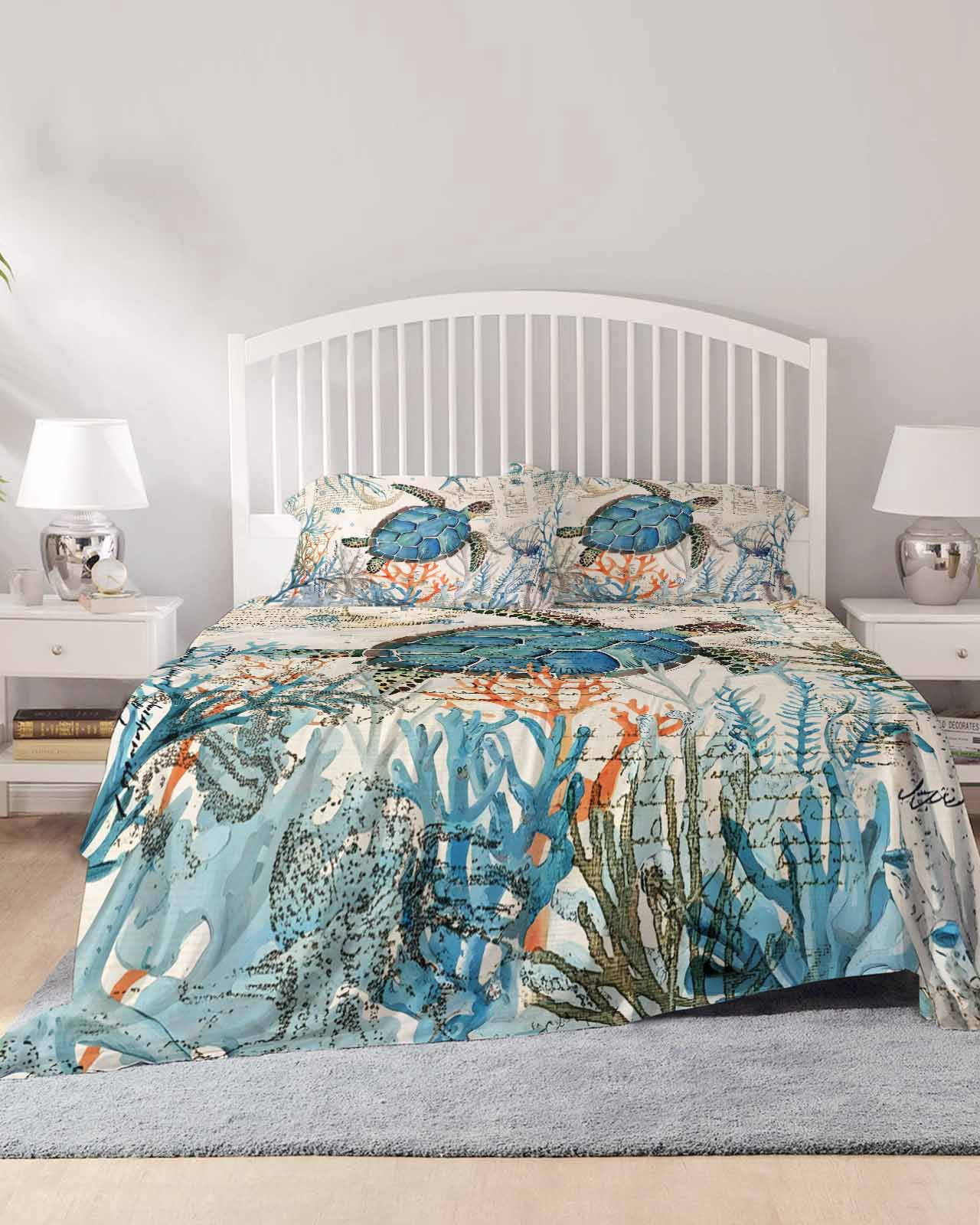 4 Piece Queen Sheet Set Ocean Turtle Sheets Set for Queen Size Bed ...