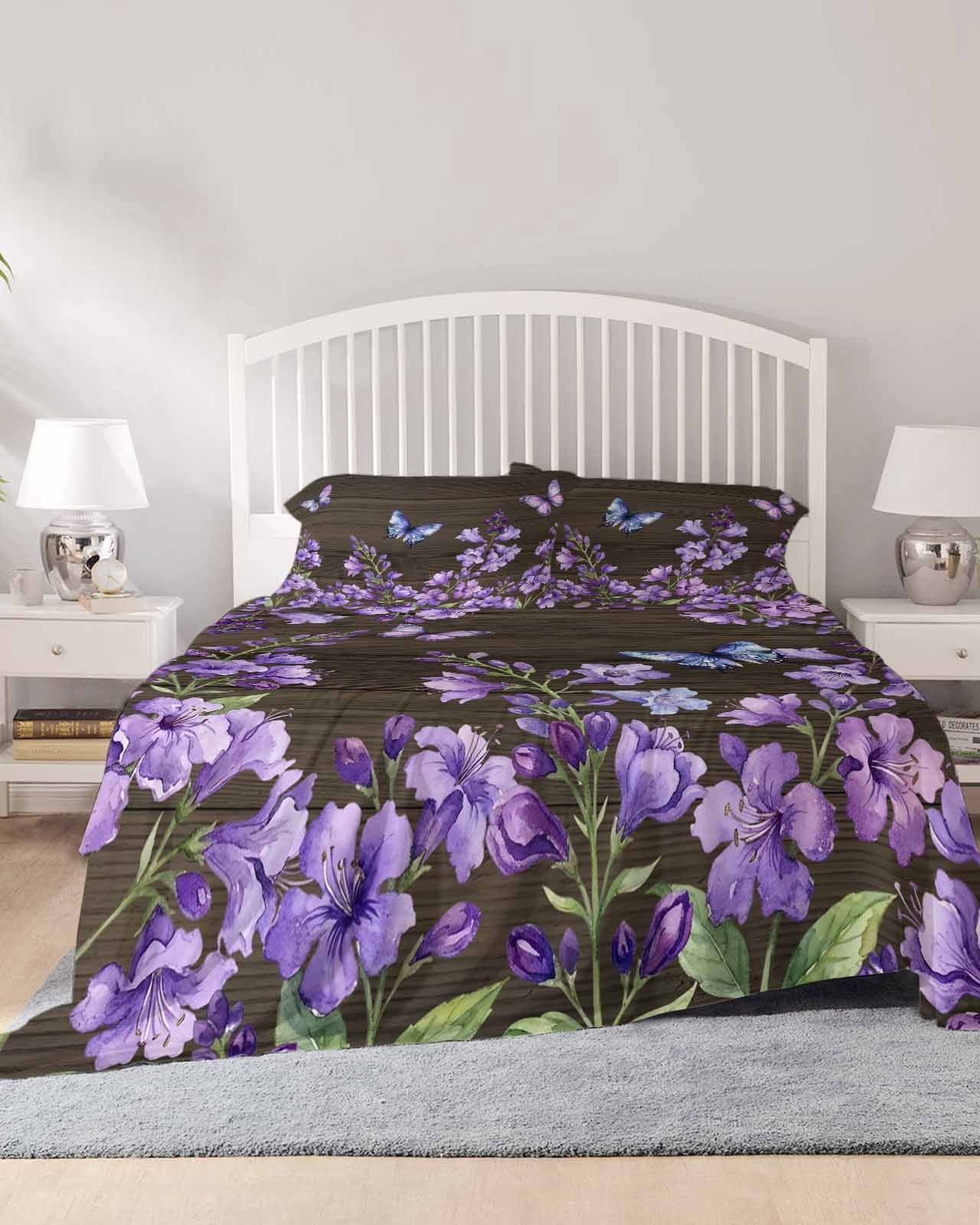 4 Piece Queen Sheet Set Purple Flowers Sheets Set for Queen Size Bed ...