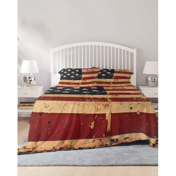 4 Piece Queen Sheet Set Vintage American Flag Sheets Set for Queen Size ...