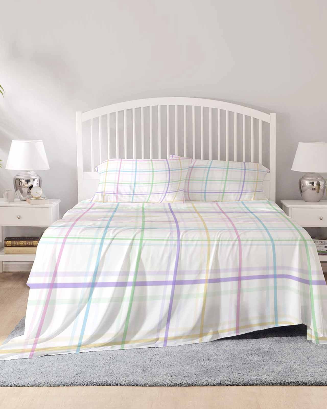 4 Piece Queen Sheet Set White Plaid Grid Sheets Set for Queen Size Bed ...