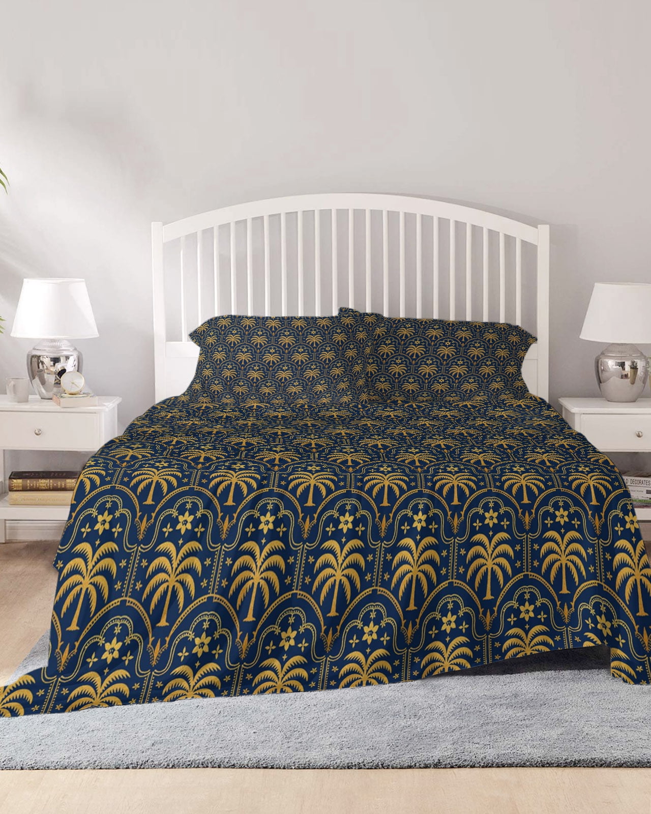 4 Piece Queen Sheet Set Yellow Palm Trees Sheets Set for Queen Size Bed ...