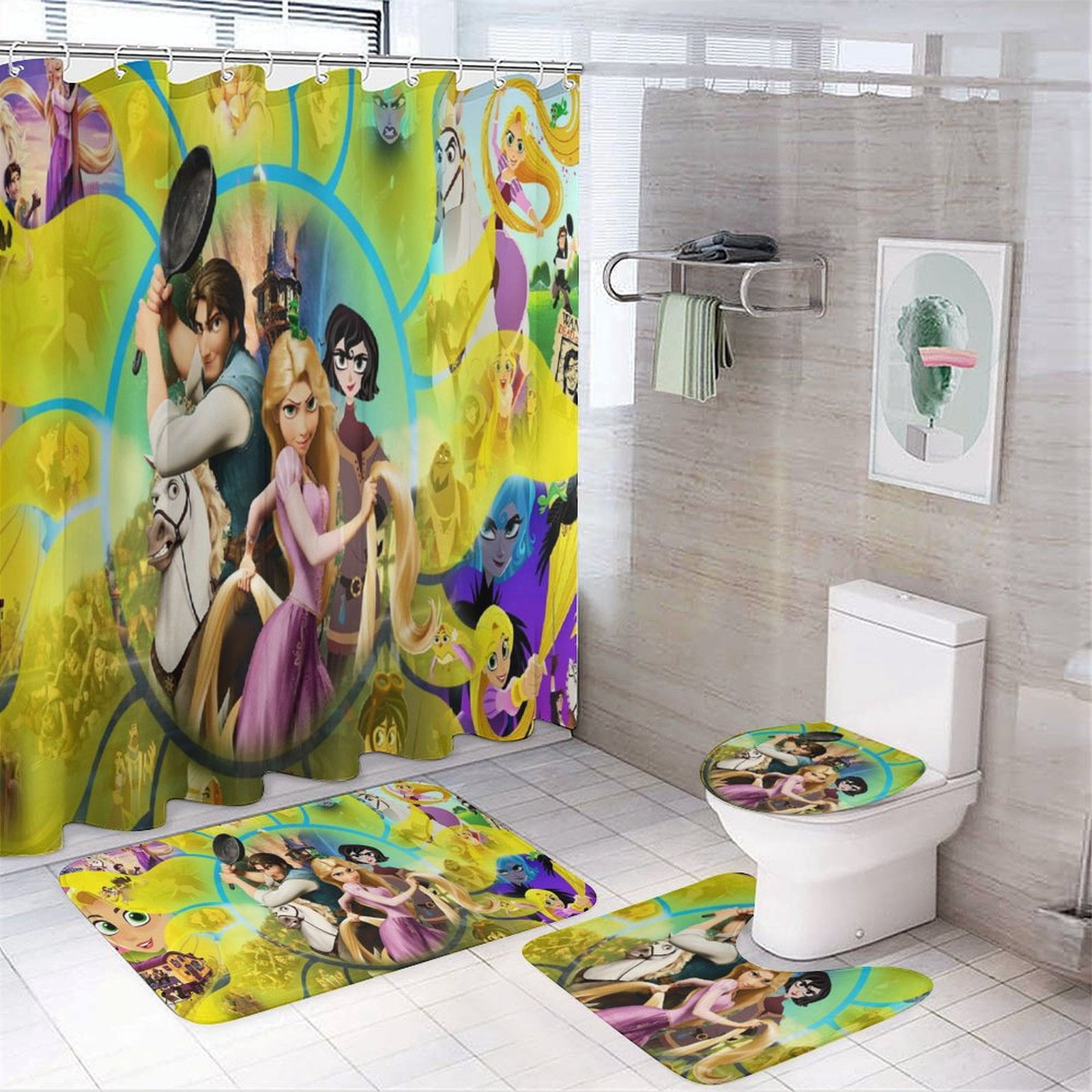 4 Piece Rapunzel Shower Curtain Sets, with 12 Hooks Non-Slip Rugs ...