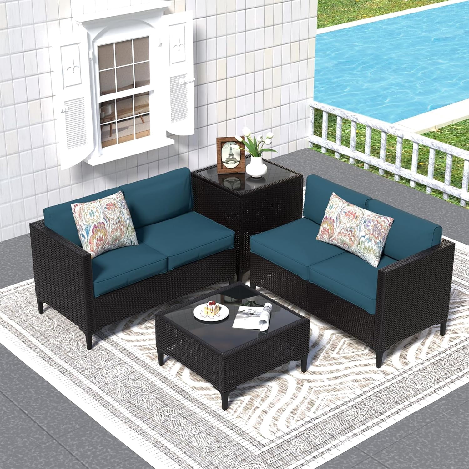4-Piece Rattan Patio Furniture Set, Waterproof Wicker Outdoor Sectional ...