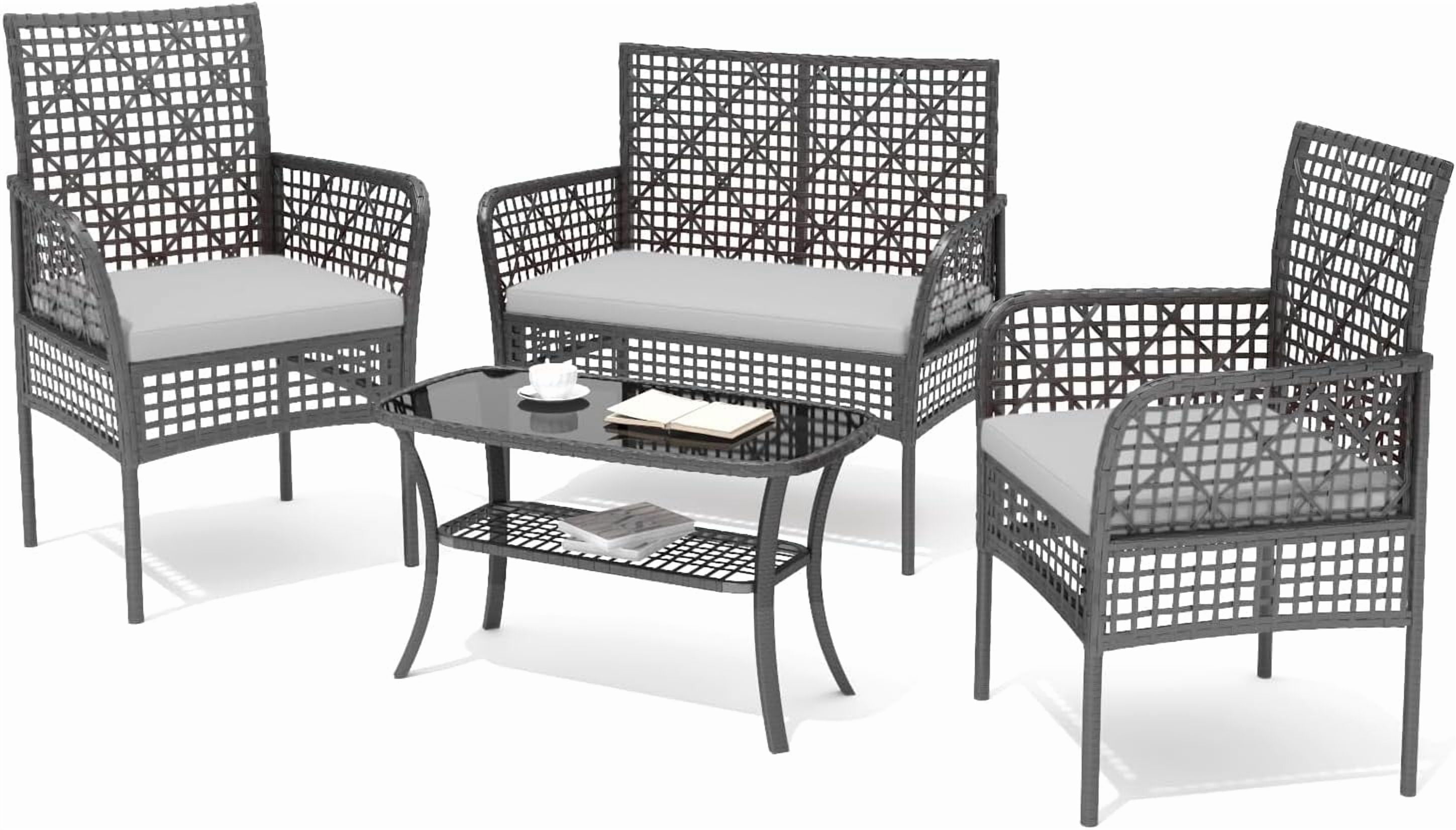 4-Piece Rattan Patio Sofa Furniture Set with Two-Tier Coffee Table ...