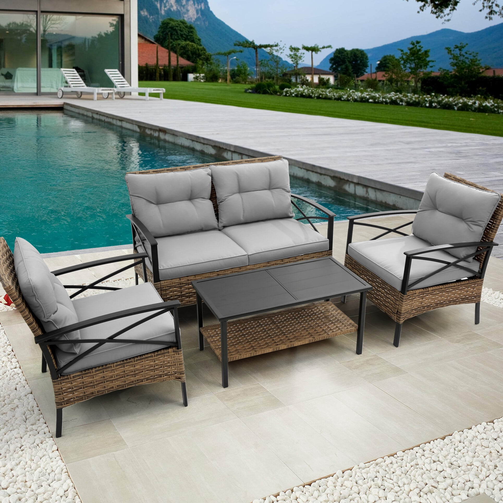 4-Piece Rattan Wicker Outdoor Furniture, Cushioned Patio Sofa Set with ...