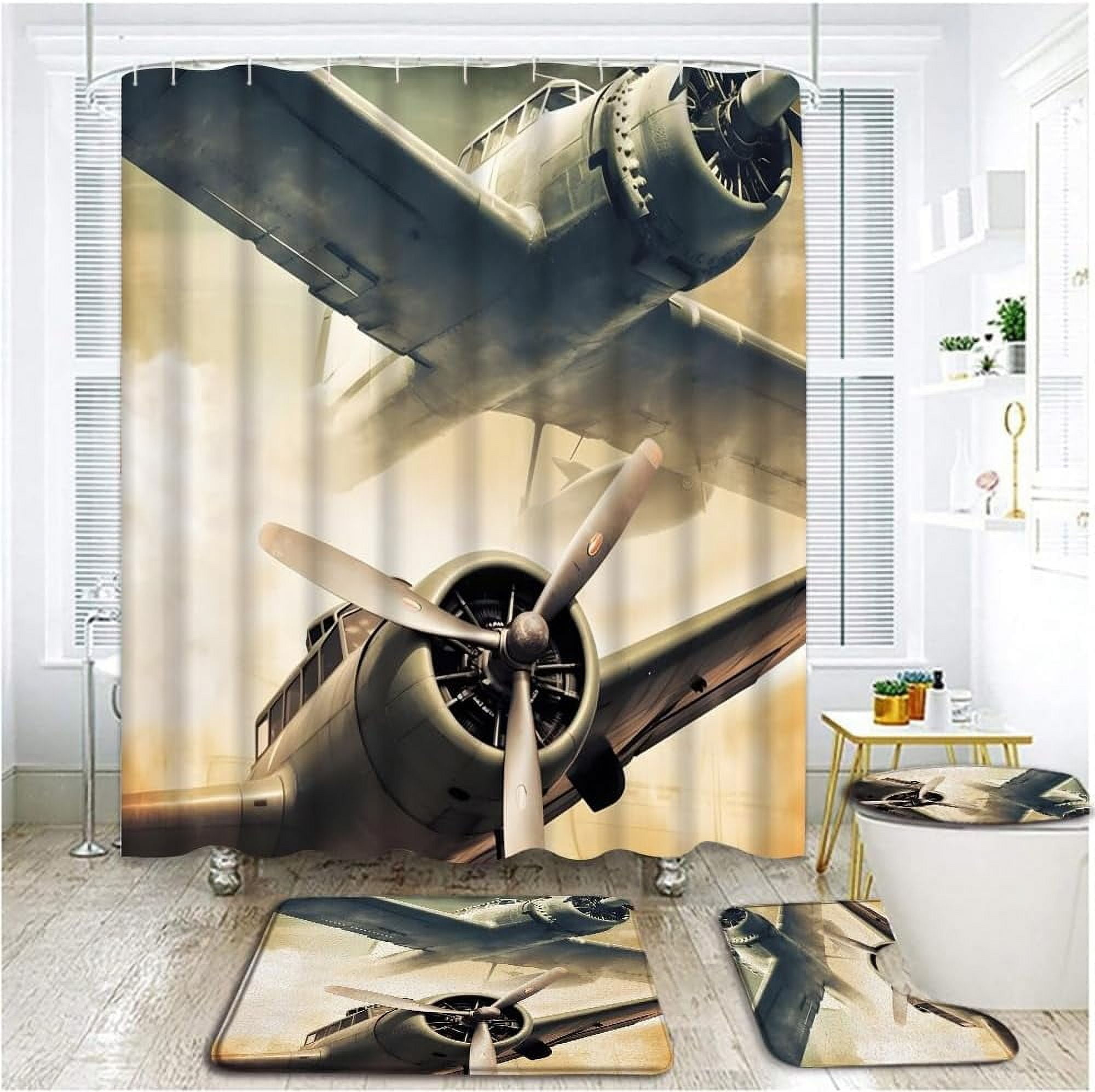 4 Piece Retro Airplane Shower Curtain Sets with Rugs, Toilet Lid Cover ...